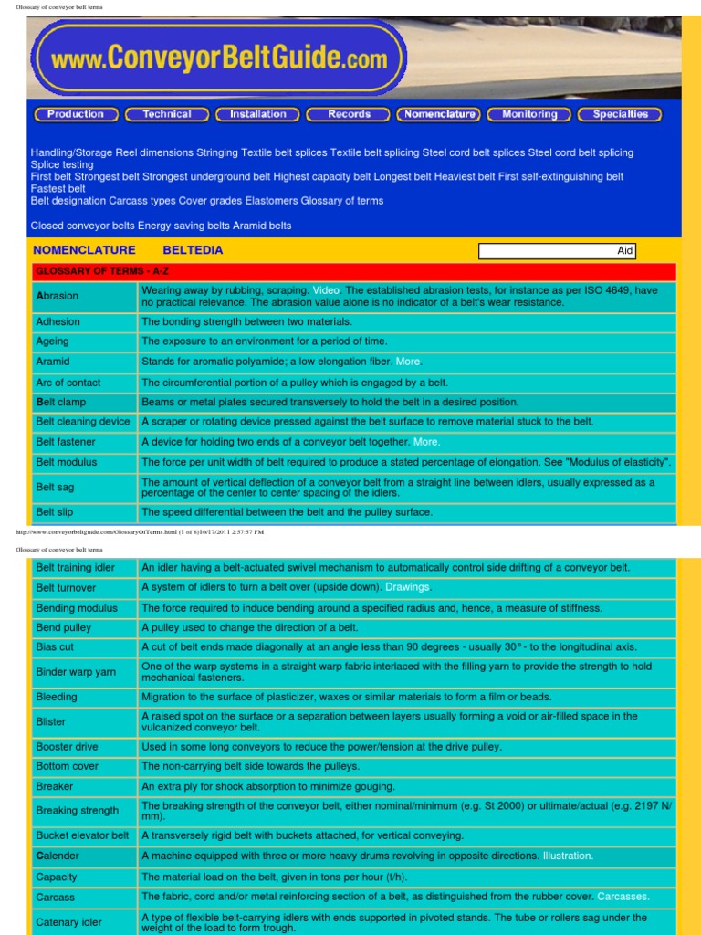 Glossary of Conveyor Belt Terms PDF | PDF