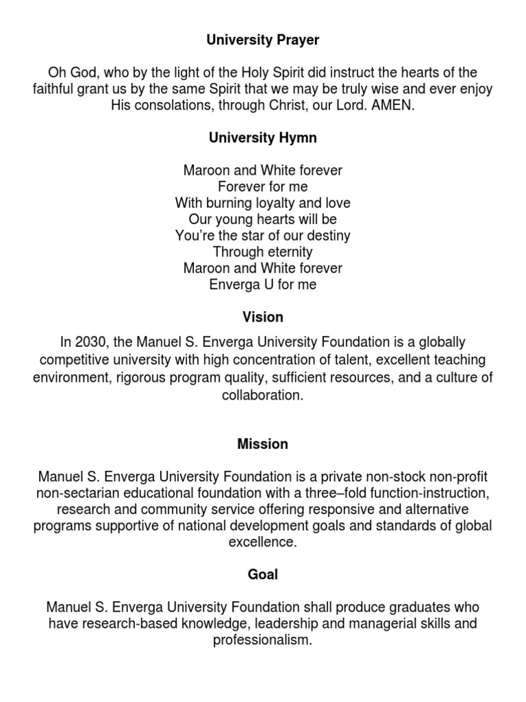 University Prayer University Hymn Vision Mission Goal1 | PDF