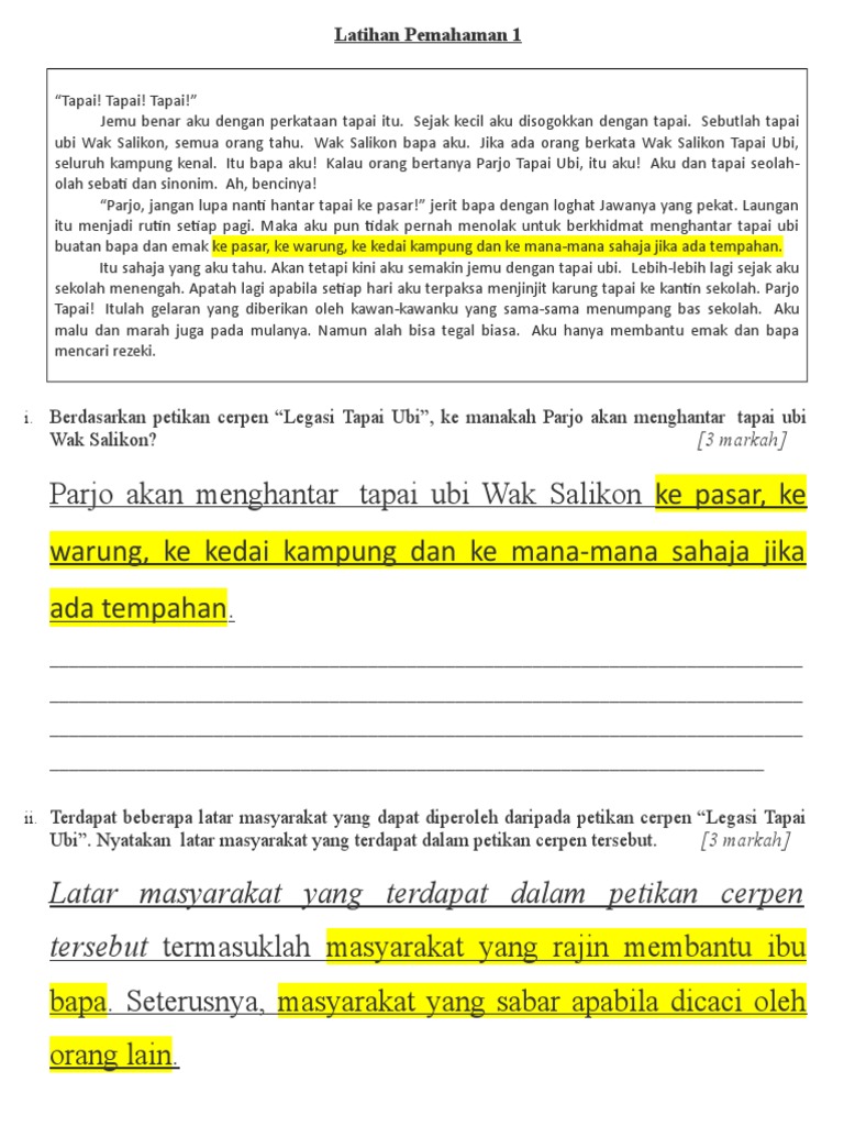 Cerpen Legasi Tapai Ubi - Jawapan | PDF
