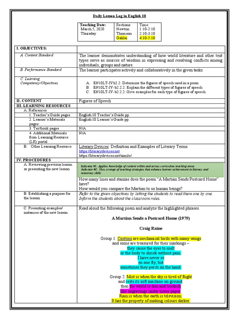 Figures of Speech Lesson Plan For English 10 | PDF