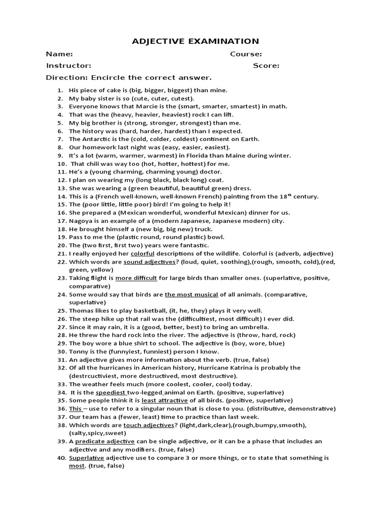 Adjective Examination | PDF
