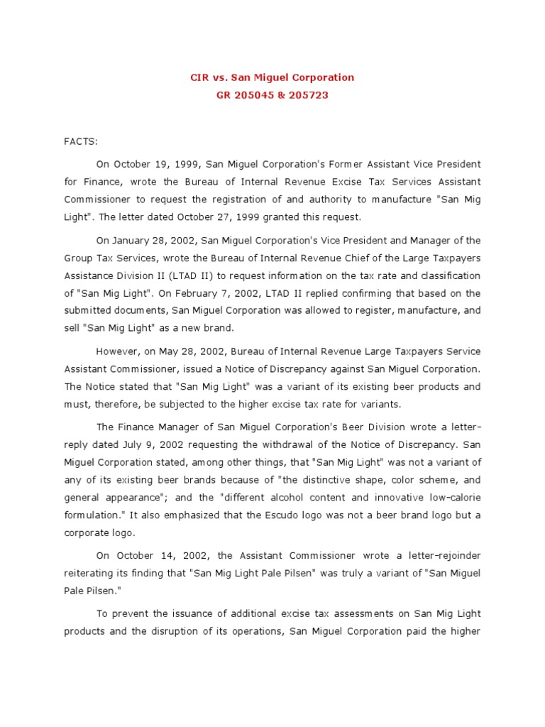 CIR vs. San Miguel Corporation | PDF