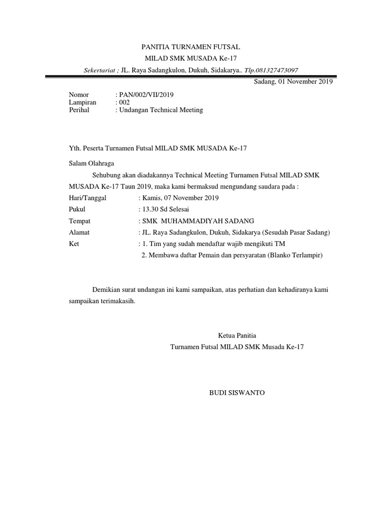 Undangan Turnamen Futsal Milad SMK | PDF