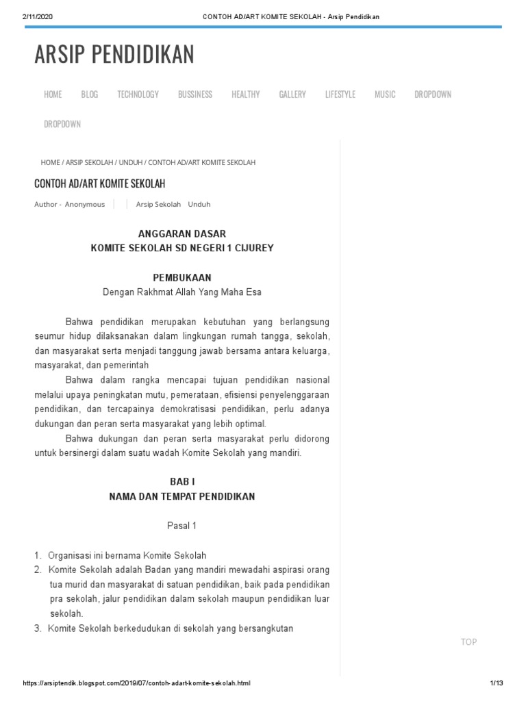 CONTOH AD - ART KOMITE SEKOLAH - Arsip Pendidikan | PDF