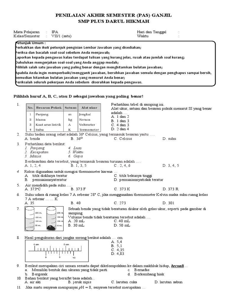 Soal & JWB Pas Ipa 7 19-20 Ganjil | PDF