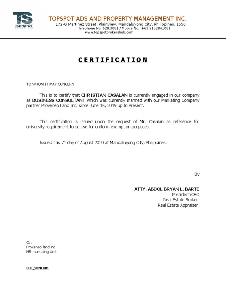 Real Estate Company Certification for Business Consultant | PDF