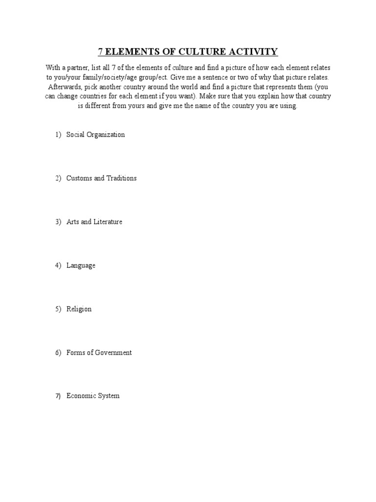 7 Elements of Culture Activity | PDF