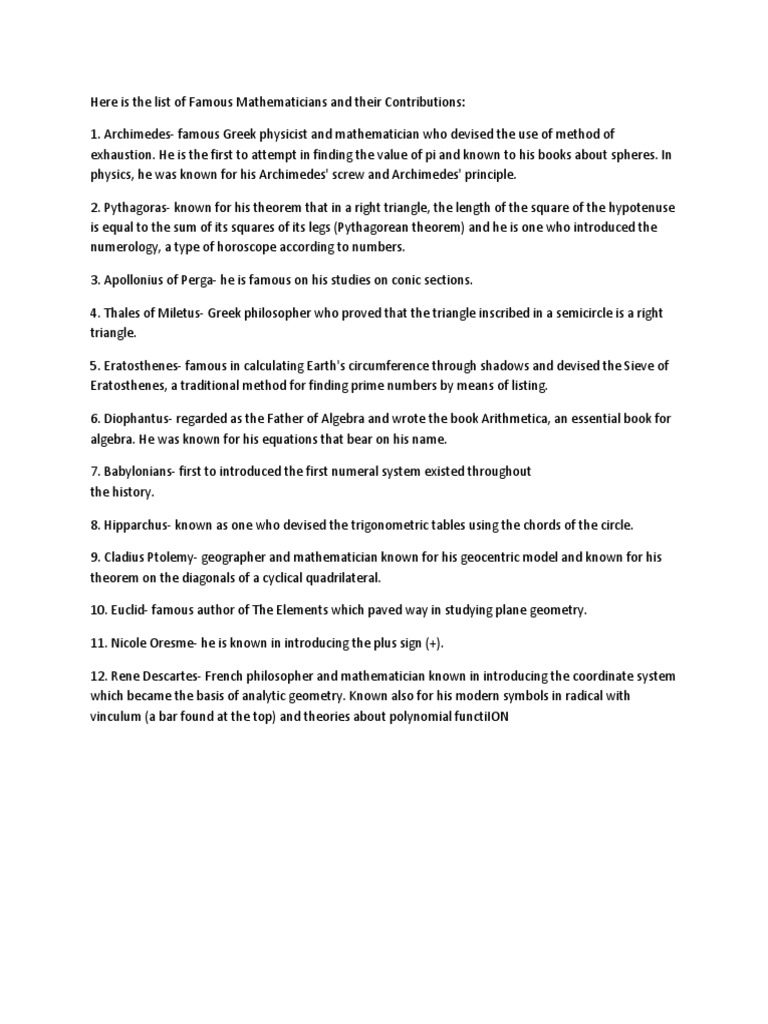 Here Is The List of Famous Mathematicians and Their Contributions | PDF