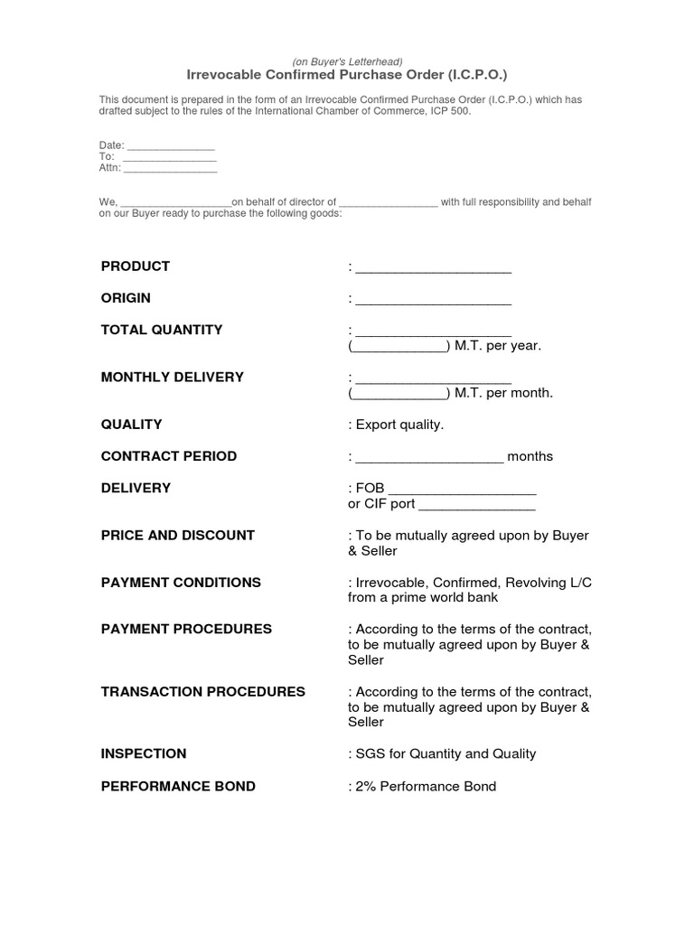 Irrevocable Confirmed Purchase Order (I.C.P.O.) | PDF