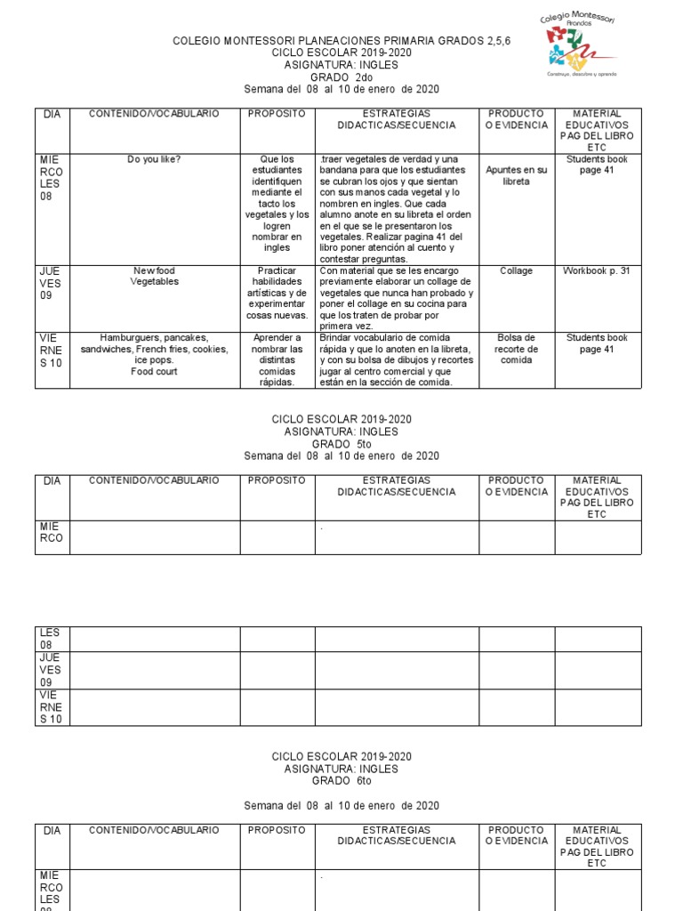 Ejemplo Planeación Clases de Ingles de Primaria Segunda Parte Ingles | PDF