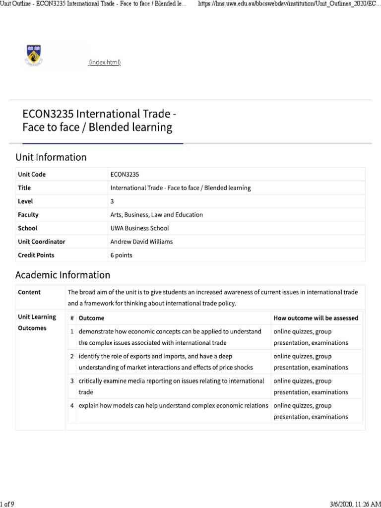 ECON3235 International Trade Outline | PDF
