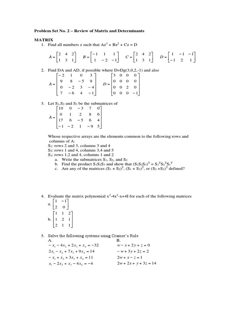 Problem Set No. 2 Review On MATRIX and DETERMINANTS | PDF