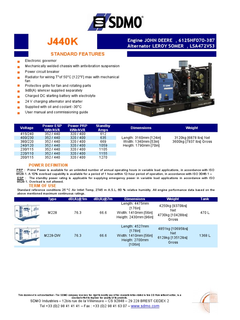 SDMO J440K Generator Specs | PDF