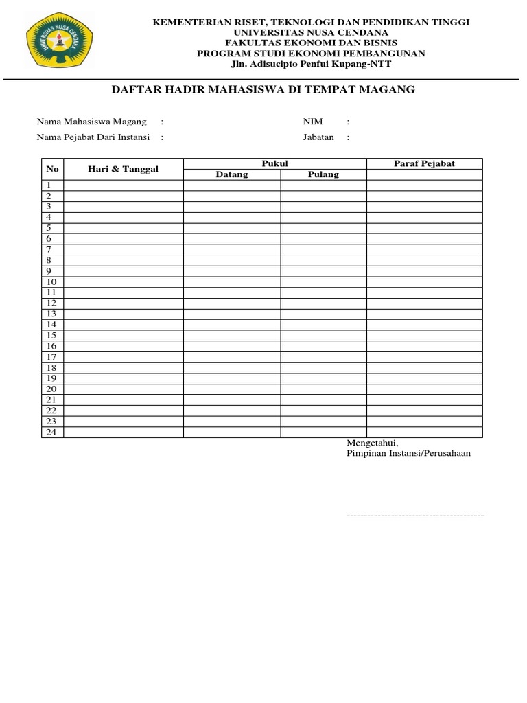 Daftar Hadir MAhasiswa Magang | PDF