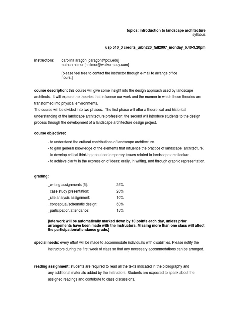 Introduction to Landscape Architecture Syllabus | PDF