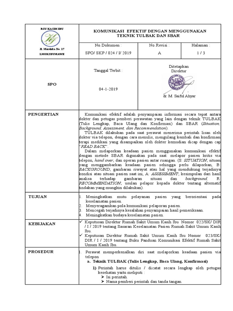 Spo Komunikasi Efektif Dengan Menggunakan Sbar Dan Read Back Rski | PDF