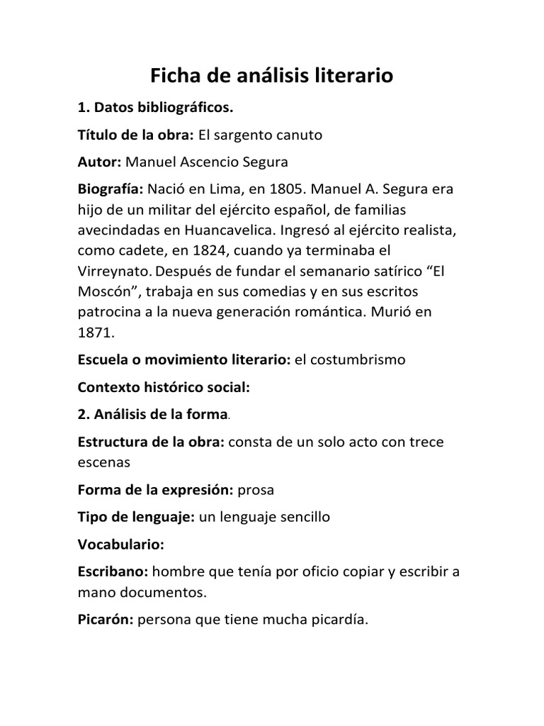 Ficha de Analisis Literario SARGENTO CANUTO | PDF