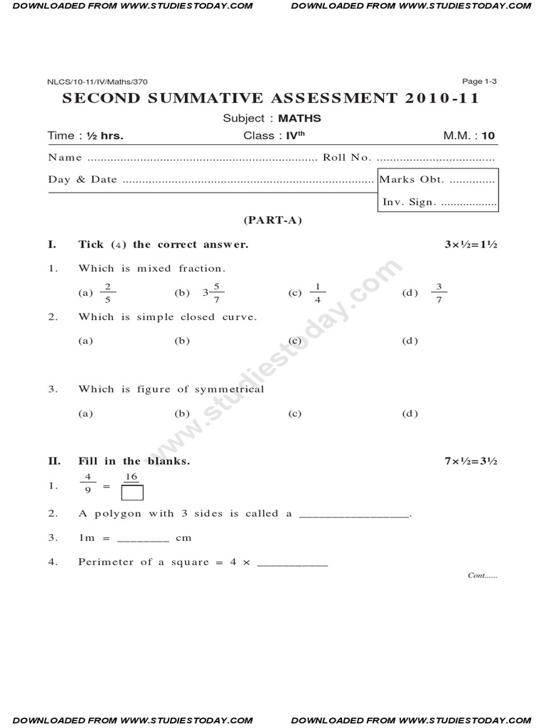 CBSE Class 4 Maths Question Paper SA 2 2010 | PDF