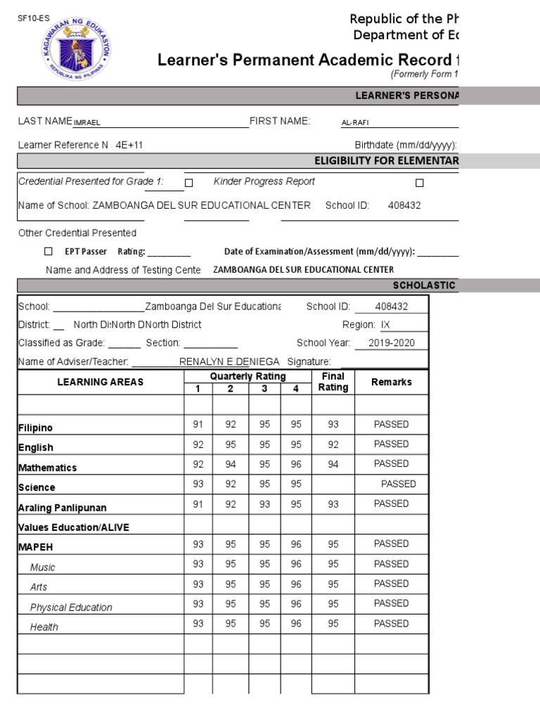 School Form 10 SF10 Learner's Permanent Academic Record For Elementary ...