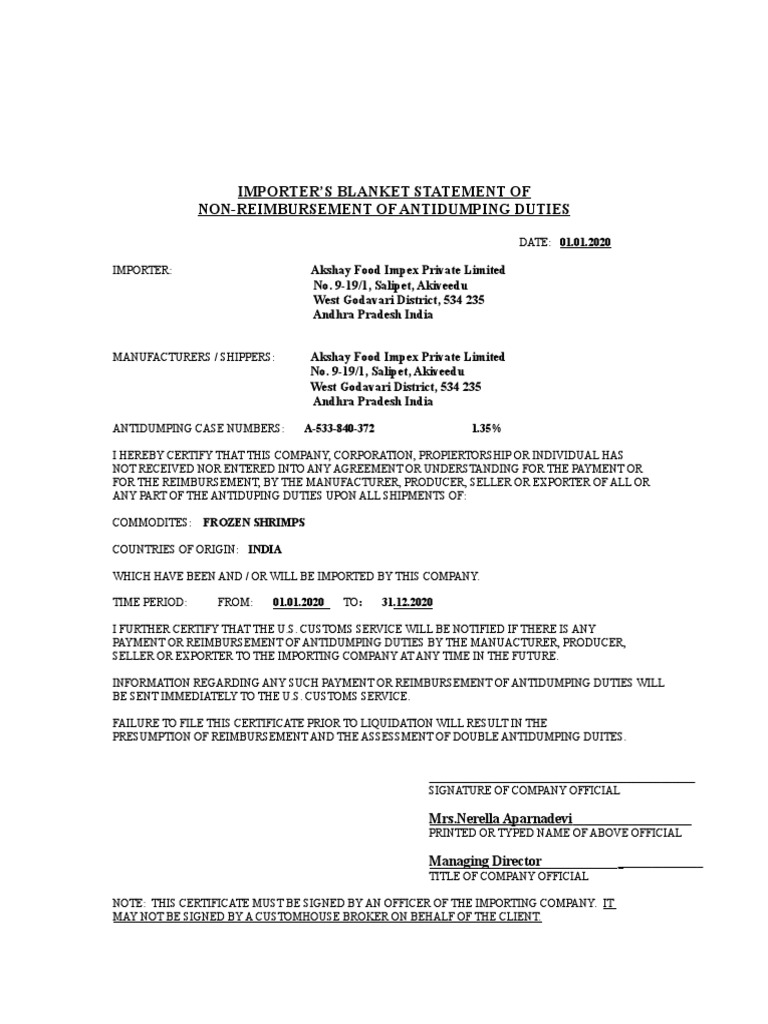 AD CVD NON REIMBURSEMENT STATEMENT (fINAL) | PDF