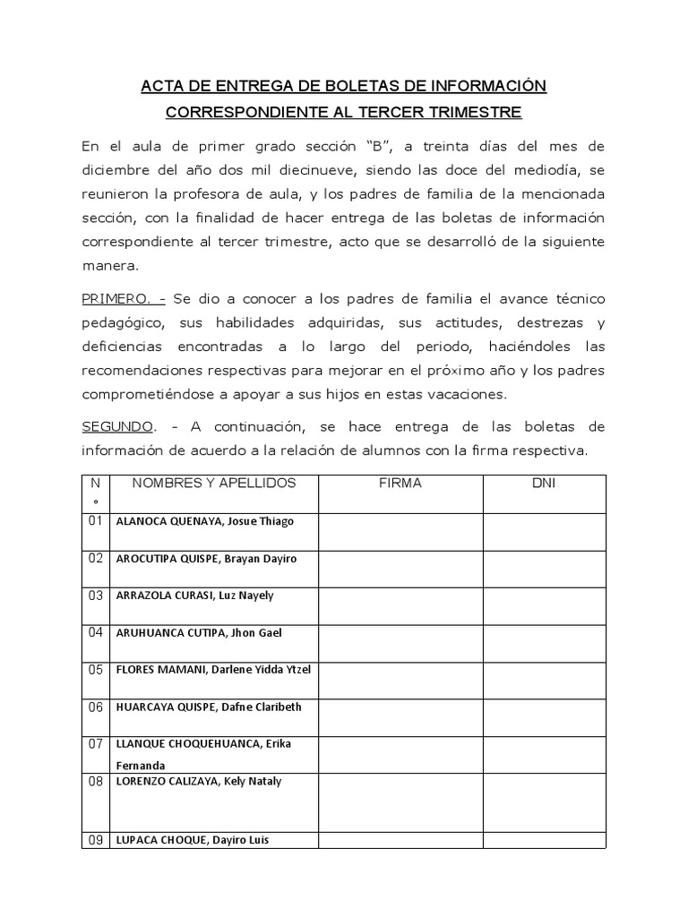 Acta de Entrega de Boletas de Información Correspondiente Al Tercer ...