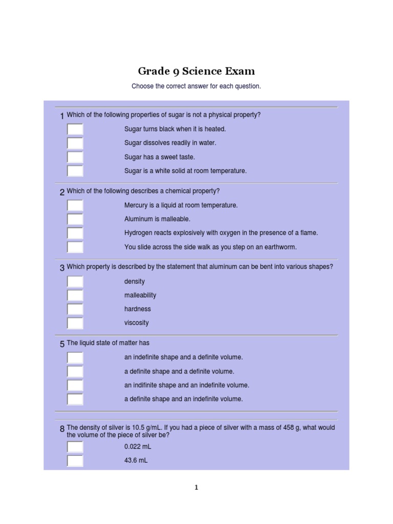 Grade 9 Science Exam | PDF