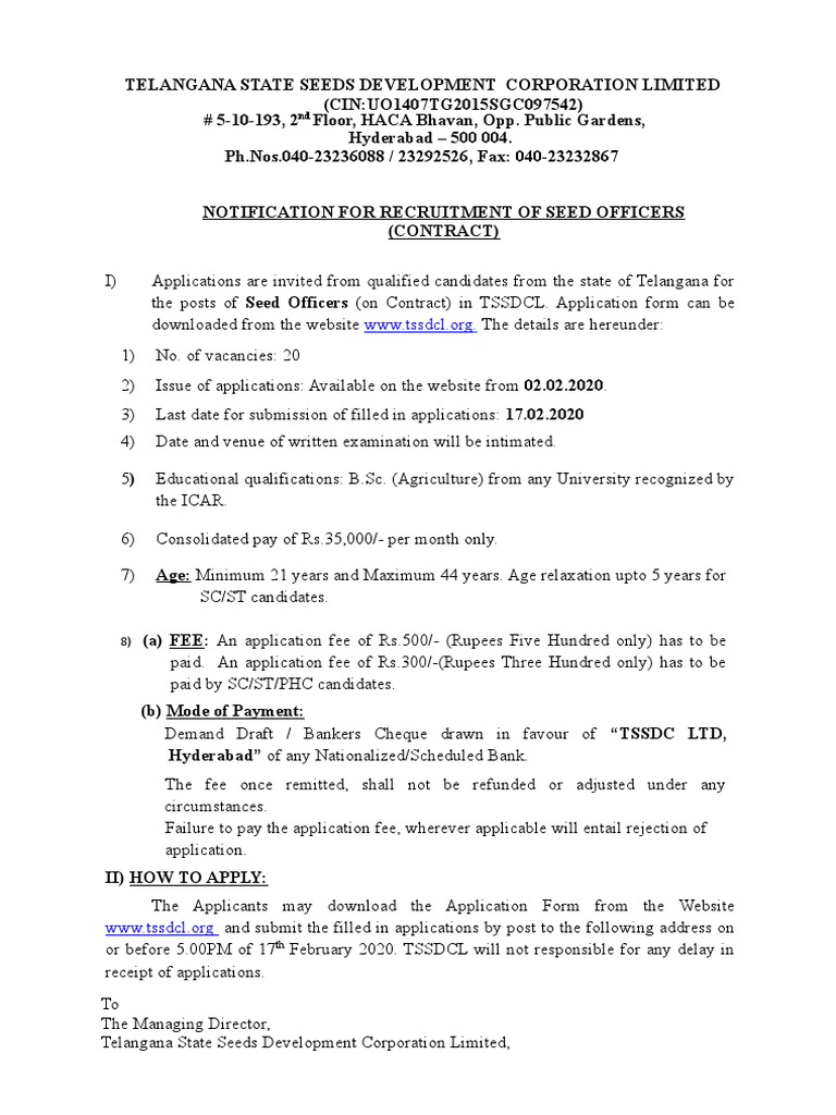 Revised Notification of TSSDC For So Recruitment | PDF