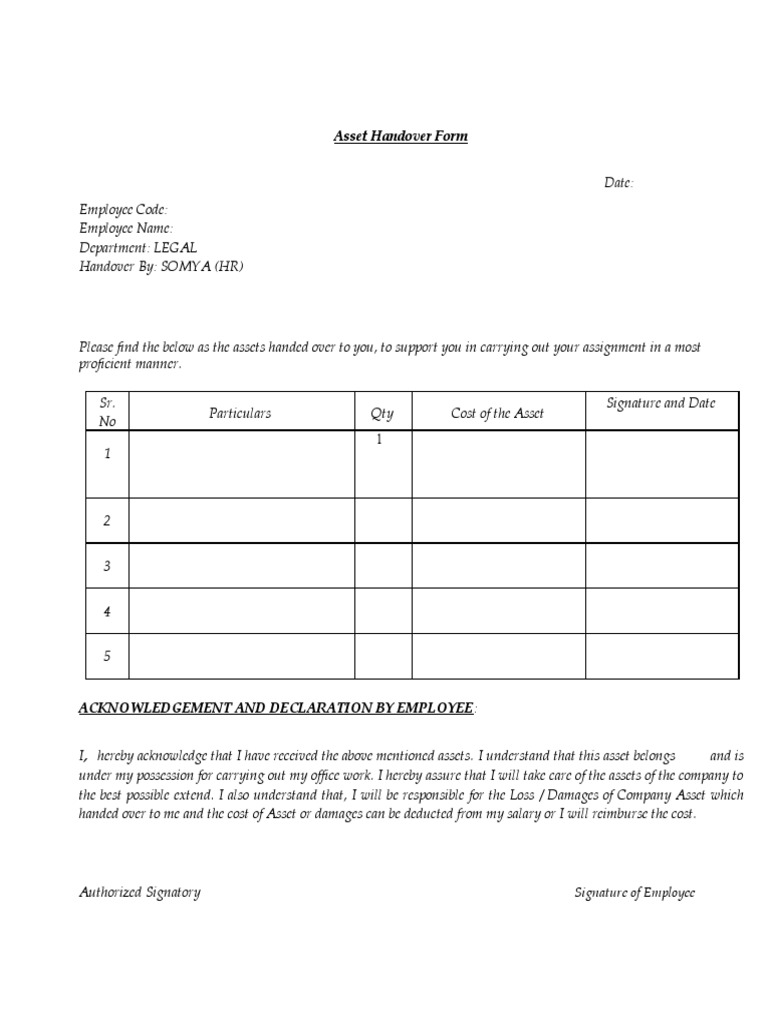 Asset Handover Acknowledgment Form | PDF | Finance & Money Management | Law