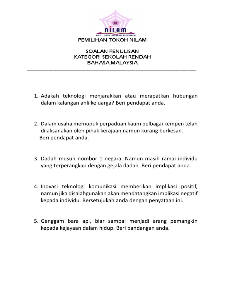 Contoh Soalan BM Tokoh Nilam | PDF