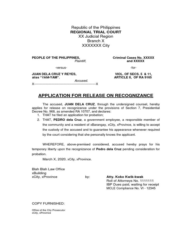 Application For Release On Recognizance Juan Dela Cruz | PDF