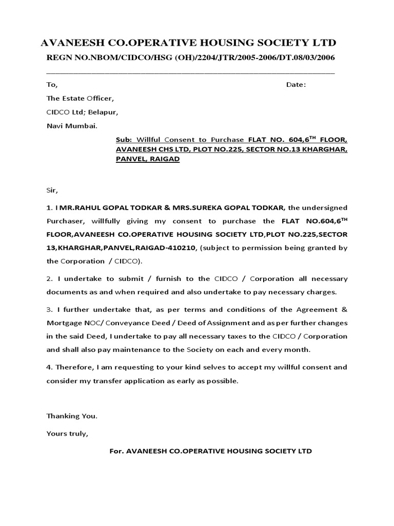 CIDCO NOC Consent for Flat Purchase | PDF