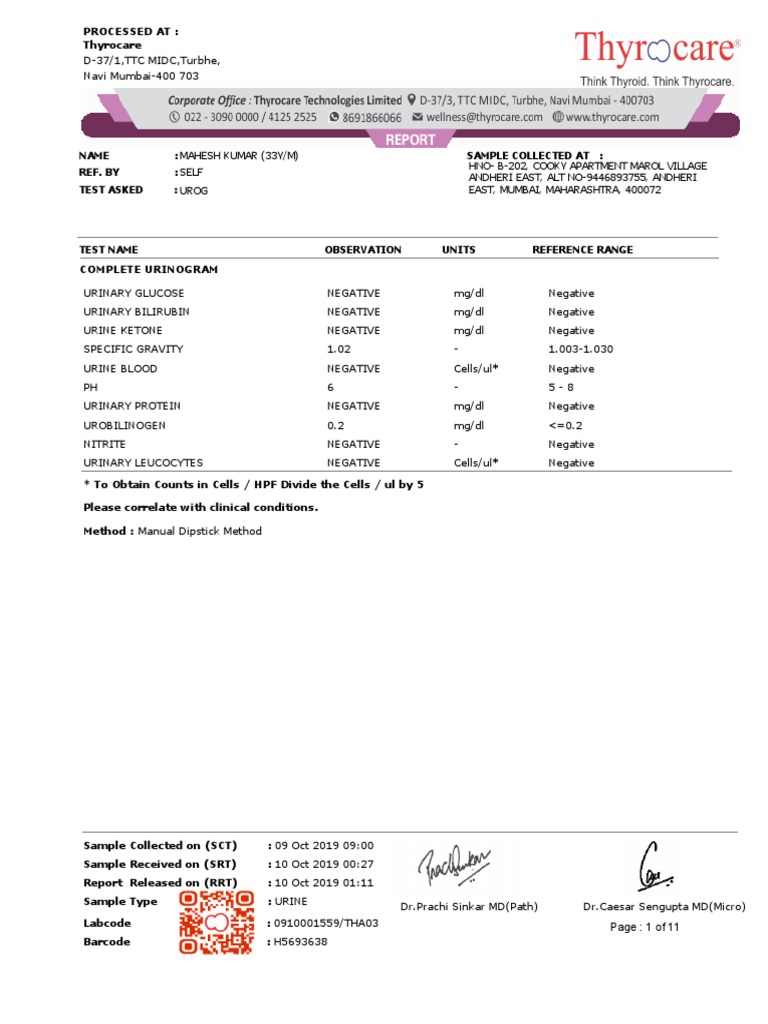 Thyrocare Report 09 Oct 2019 | PDF