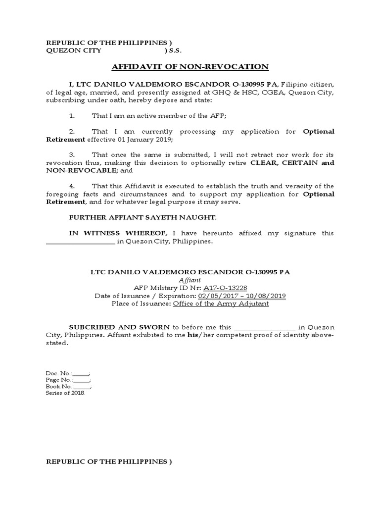 Affidavit - NON-REVOCATION (MILITARY) | PDF