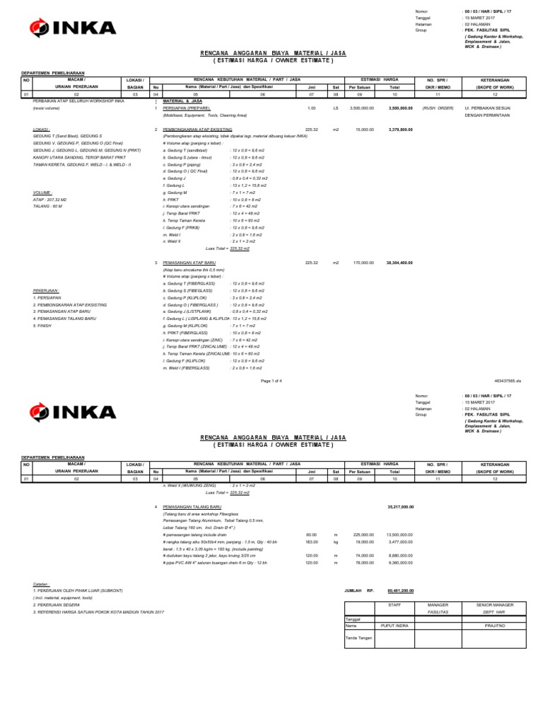 Rab Perbaikan Atap Seluruh Workshop Inka | PDF