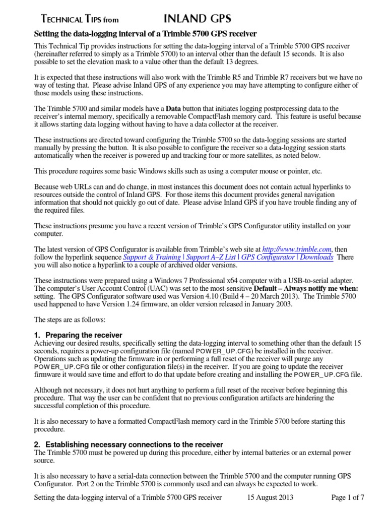 Setting Data-Logging Interval of Trimble 5700 | PDF
