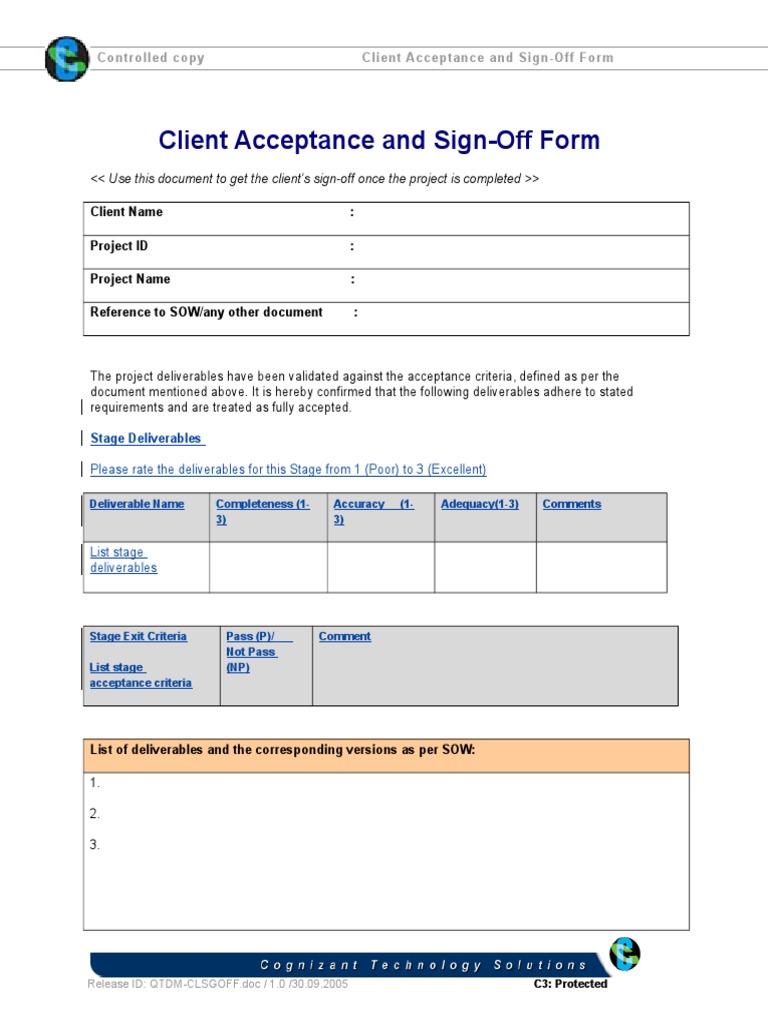 Client Acceptance and Sign Off Form | PDF