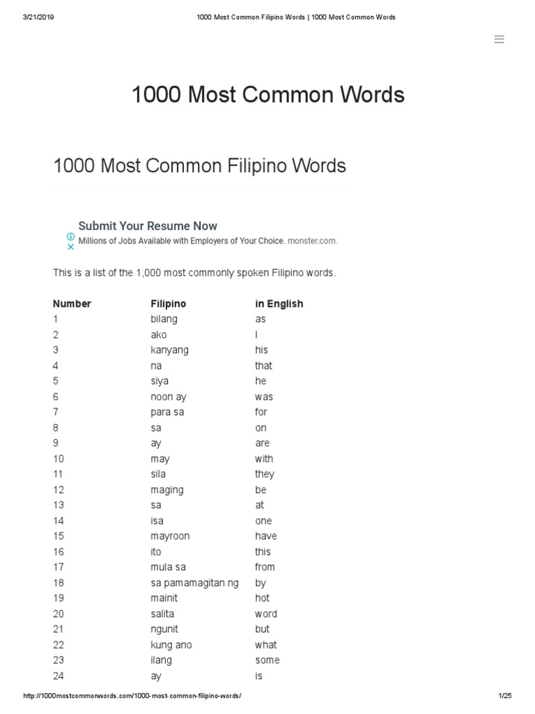 1000 Common Filipino Words List | PDF
