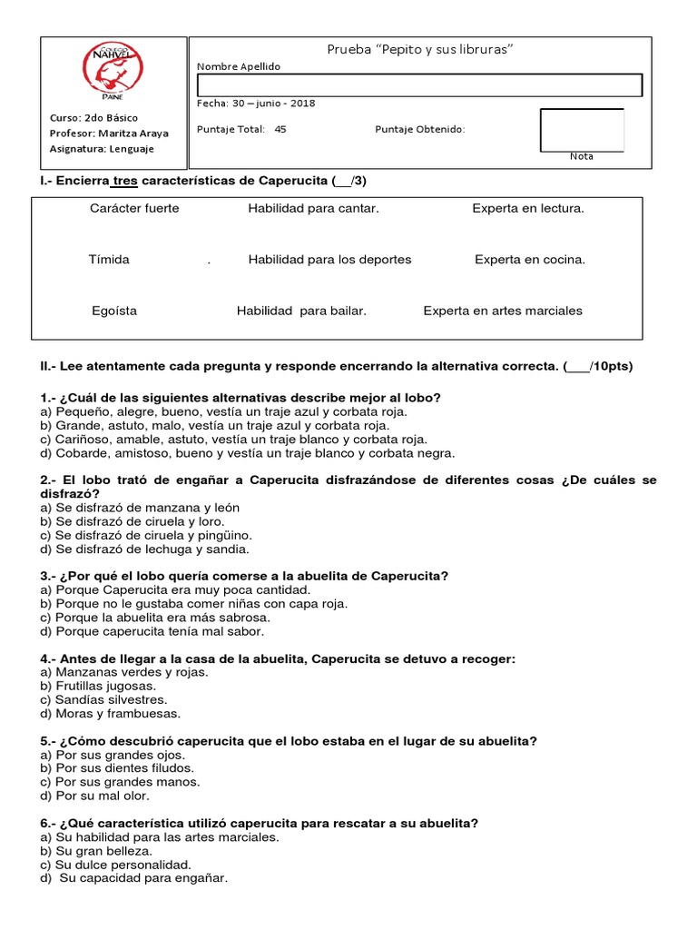 Prueba de Lenguaje: Caperucita y Pepito | PDF