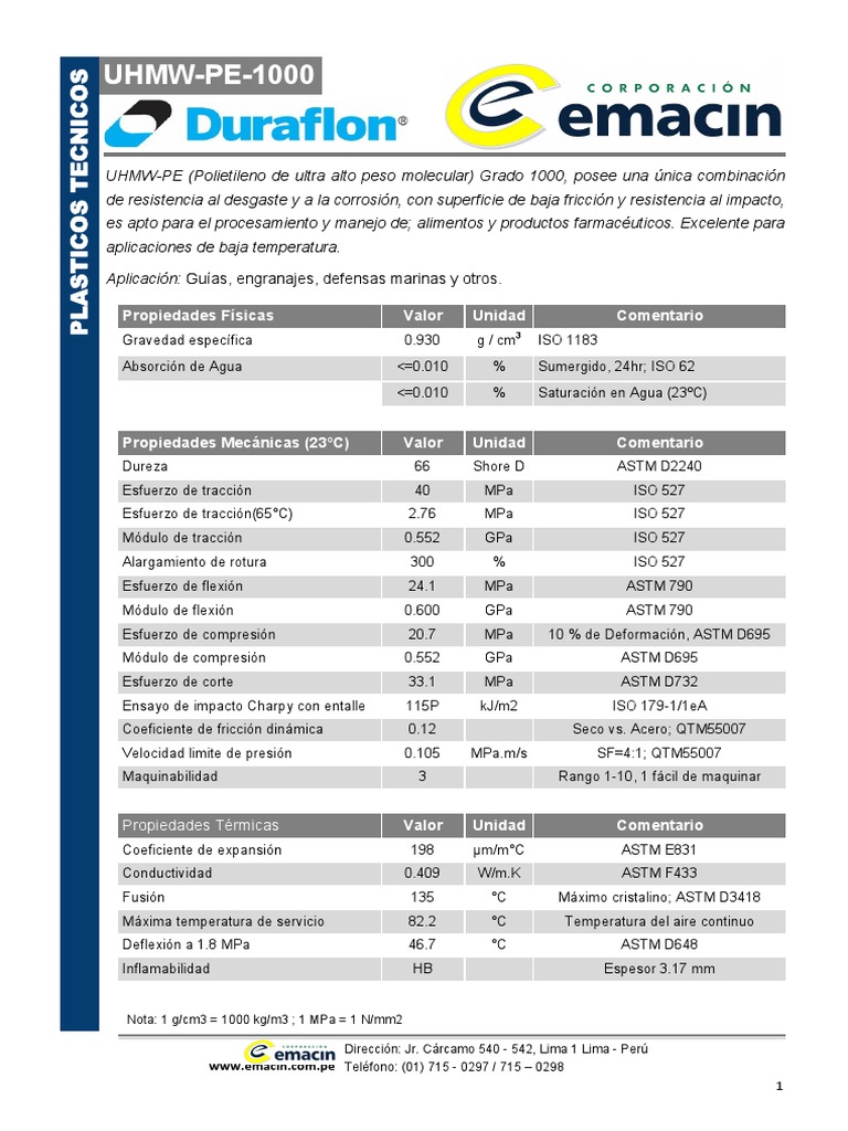 Ficha Tecnica UHMW PE 1000 | PDF