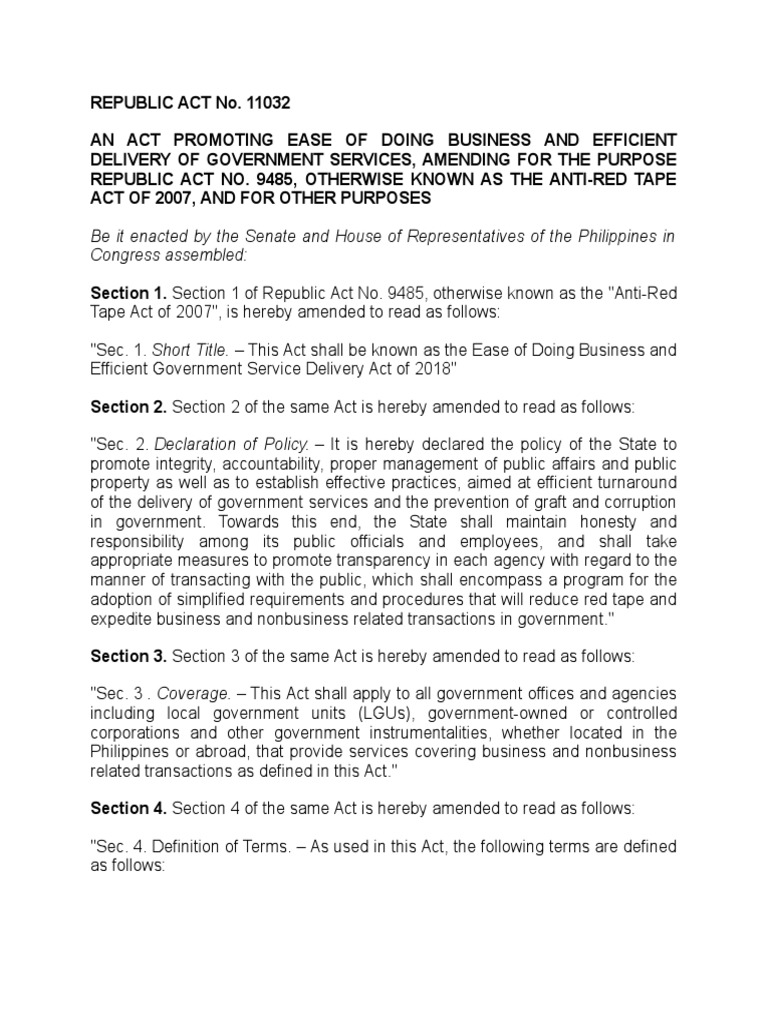 REPUBLIC ACT No 11032.ease of Doing Business | PDF