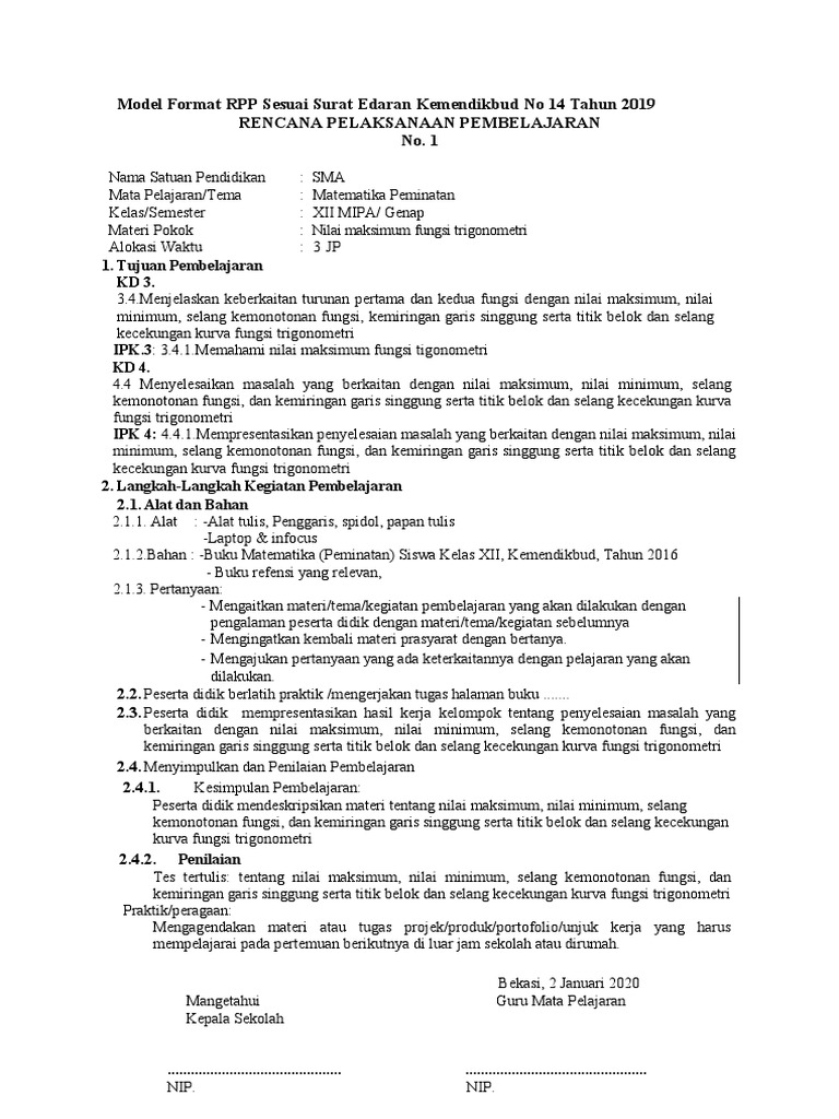 CONTOH RPP MAT Sesuai Surat Edaran Mendikbud No 14 Tahun 2019 | PDF