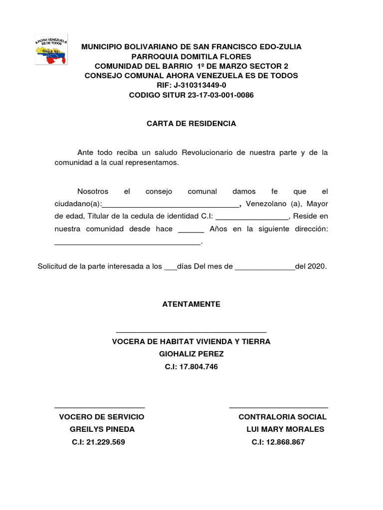 Carta de Residencia 1RO DE MARZO II PARA LLENAR | PDF