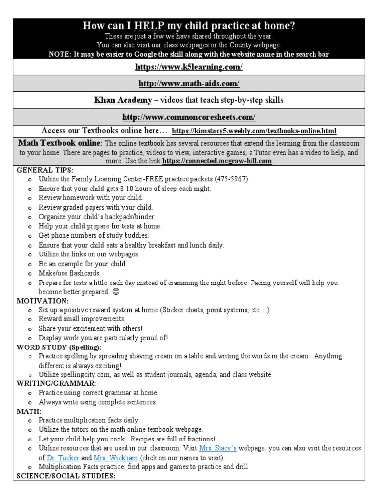 Resources To Help at Home | PDF | Textbook | Teaching