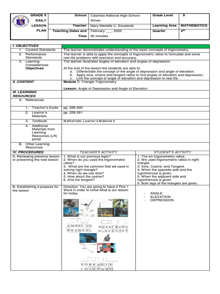Angle of Elevation and Angle of Depression | PDF