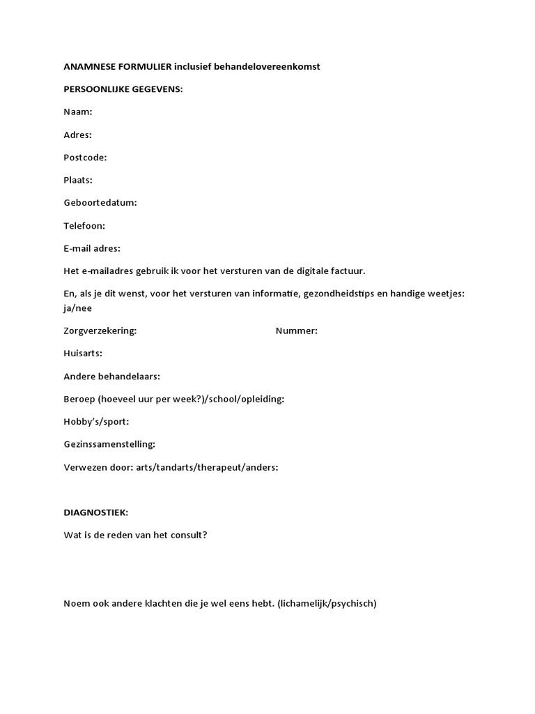 Praktijk ANAMNESE FORMULIER | PDF