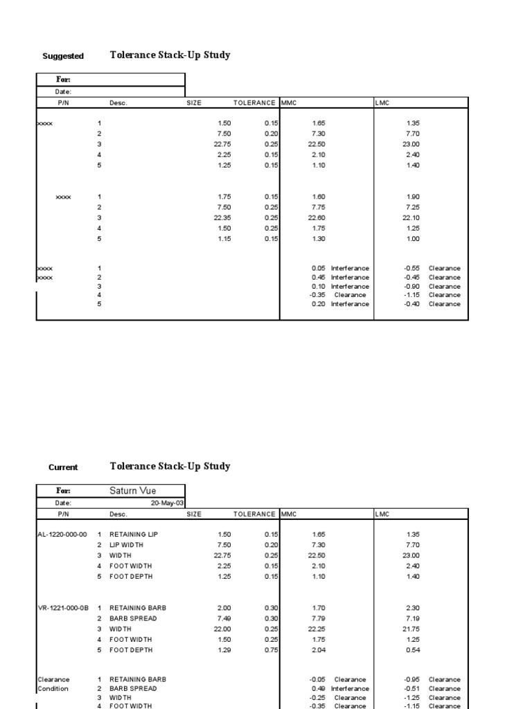 Tolerance Stack Up Study Worksheet