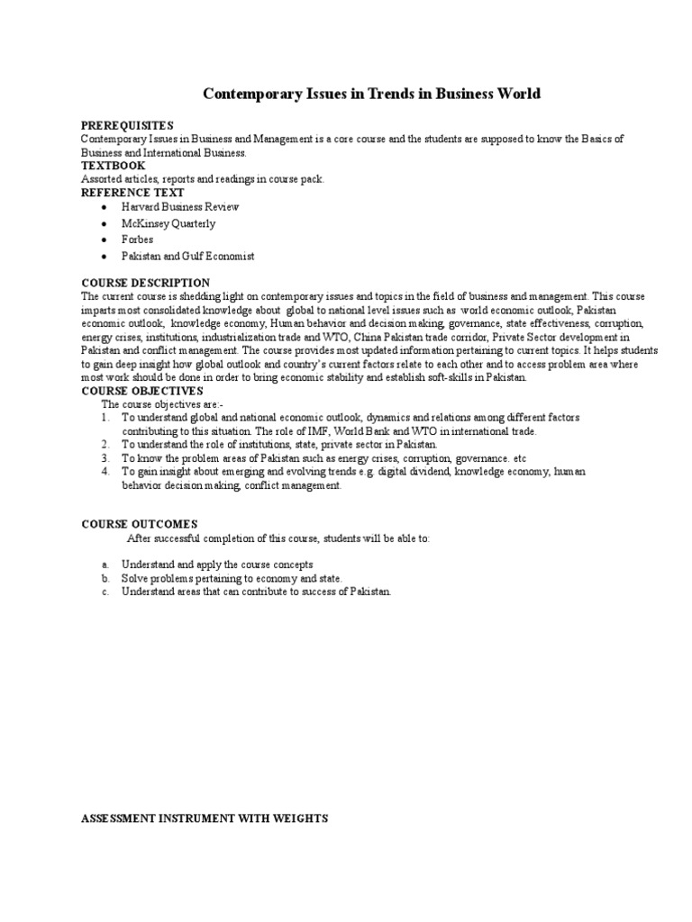 Contemporary Issues in Trends in Business World Course Outline | PDF