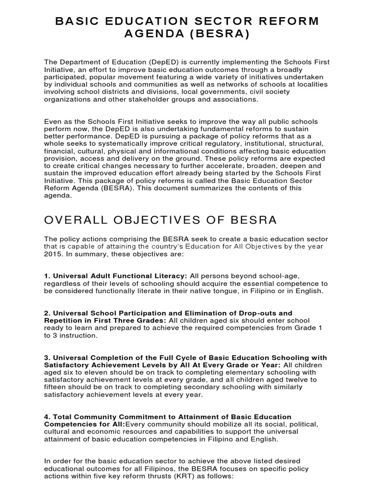 BESRA: Reforming Basic Education in the Philippines | PDF | Social Science