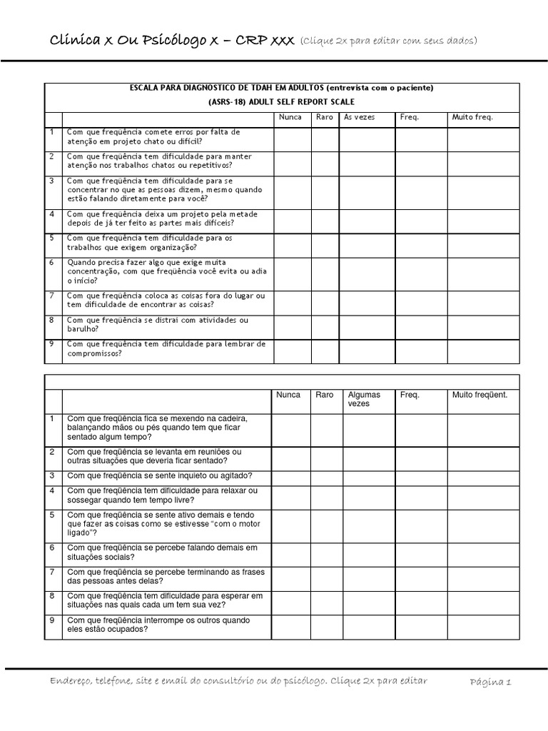 Modelo - Escala para Diagnóstico de Tdah em Adultos | PDF