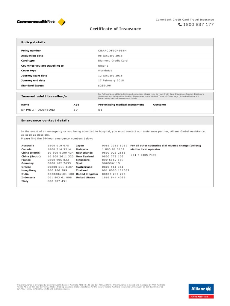 Certificate Travel Insurance | PDF